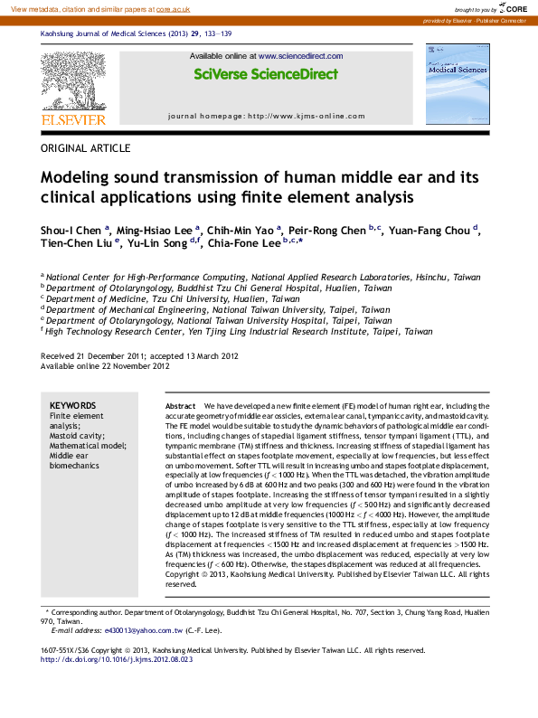 Pdf Modeling Sound Transmission Of Human Middle Ear And Its Clinical Applications Using Finite