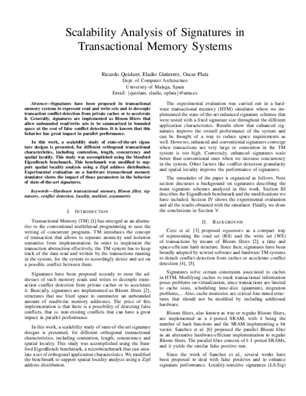 Pdf Scalability Analysis Of Signatures In Transactional Memory Systems Oscar Plata