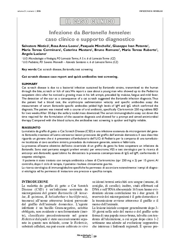 (PDF) Infezione da Bartonella henselae: caso clinico e supporto diagnostico