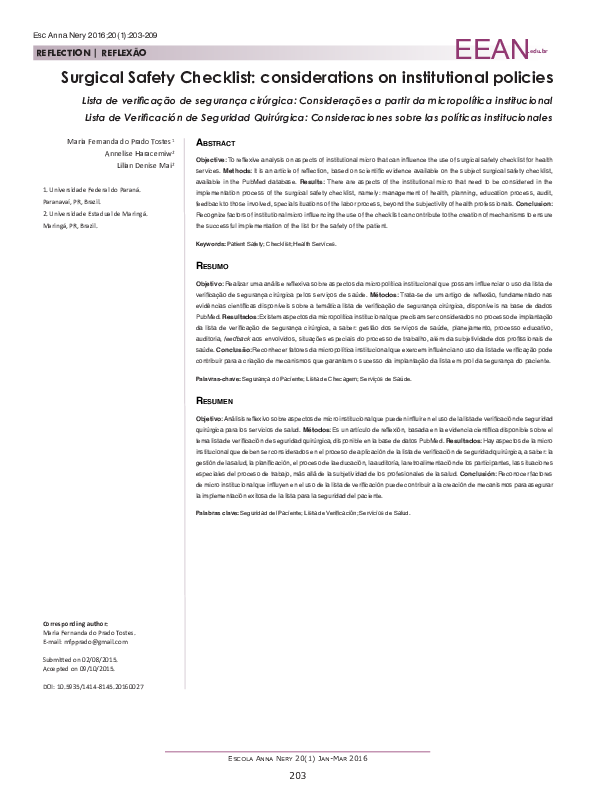 (PDF) Surgical Safety Checklist: considerations on institutional policies