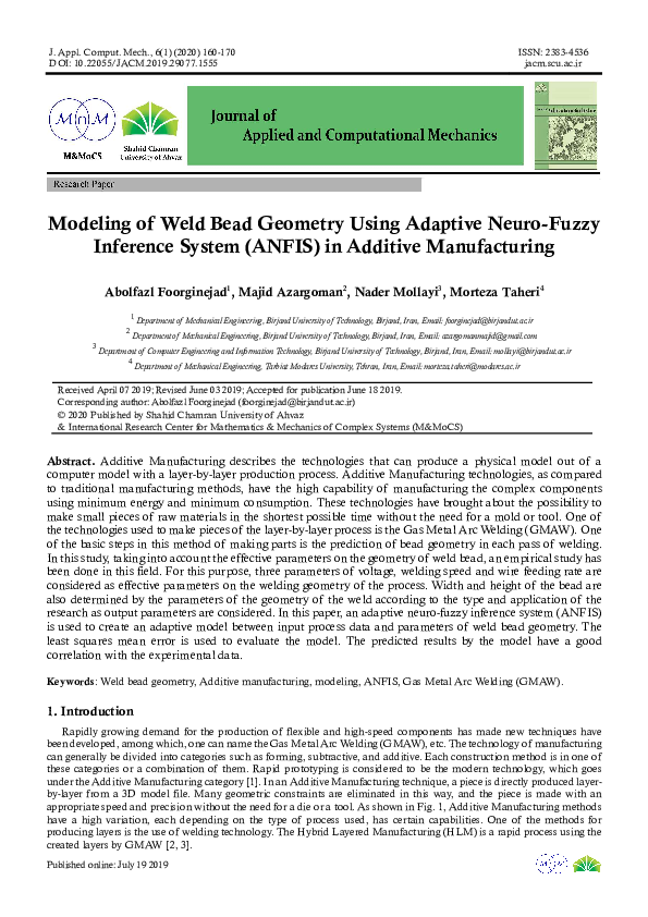 Pdf Modeling Of Weld Bead Geometry Using Adaptive Neuro Fuzzy Inference System Anfis In