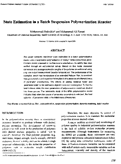 (PDF) State Estimation in a Batch Suspension Polymerization Reactor