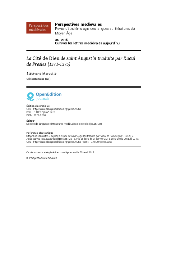 (PDF) La Cité de Dieu de saint Augustin traduite par Raoul de Presles (1371-1375)