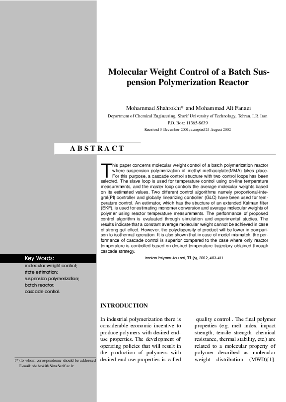 (PDF) Molecular Weight Control of a Batch Suspension Polymerization Reactor