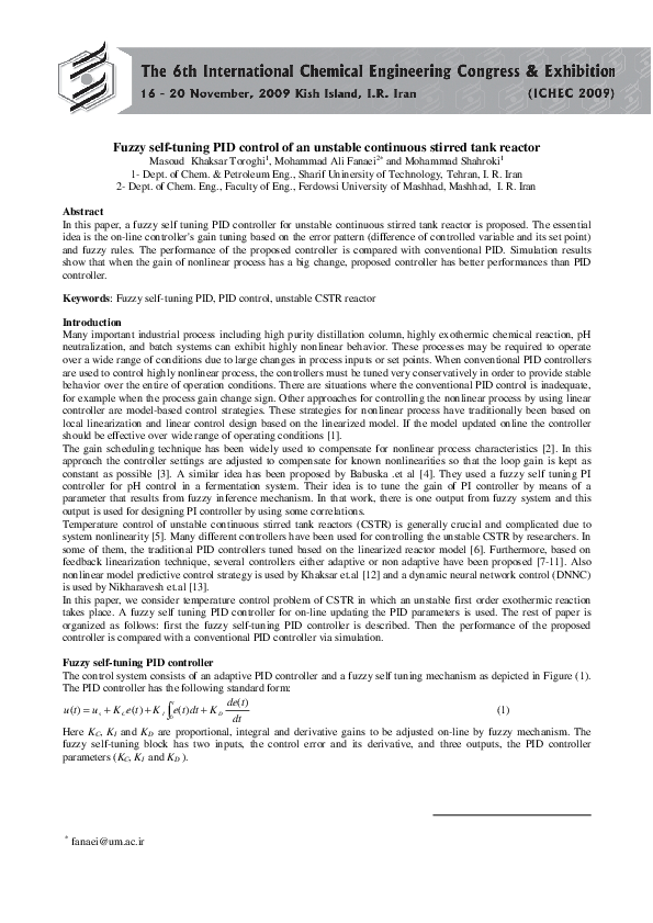 (PDF) Fuzzy self-tuning PID control of an unstable continuous stirred ... (PDF) Fuzzy self-tuning PID control of an unstable continuous stirred ...