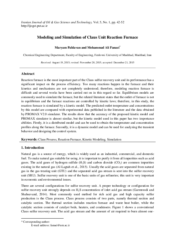 (PDF) Modeling and Simulation of Claus Unit Reaction Furnace