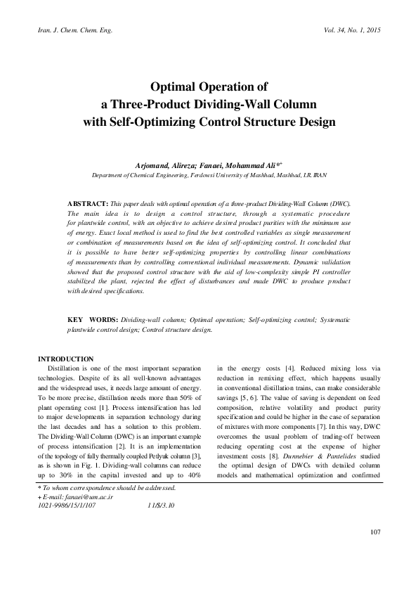 (PDF) Optimal Operation of a Three-Product Dividing-Wall Column with ...
