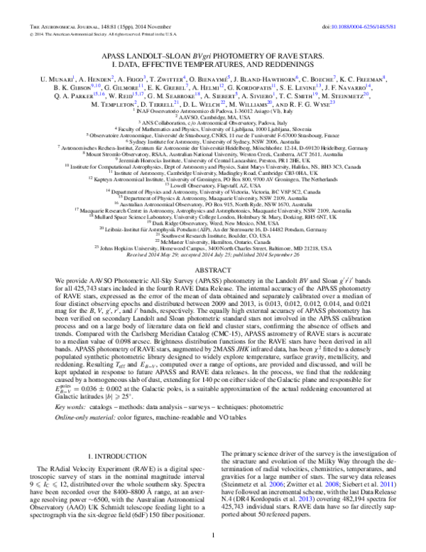 (PDF) APASS LANDOLT-SLOANBVgriPHOTOMETRY OF RAVE STARS. I. DATA ...
