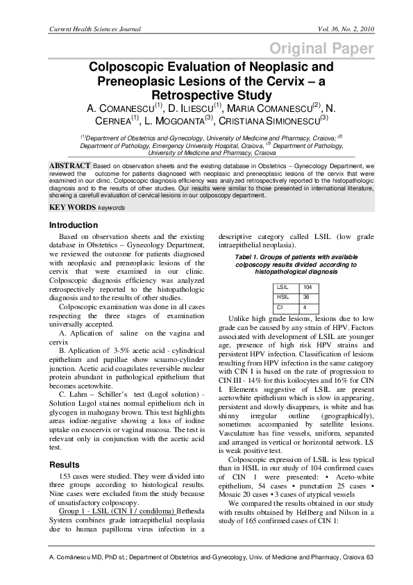 (PDF) Colposcopic evaluation of neoplasic and preneoplasic lesions of the cervix - a ...