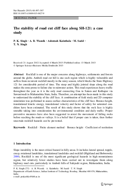 (PDF) The stability of road cut cliff face along SH-121: a case study
