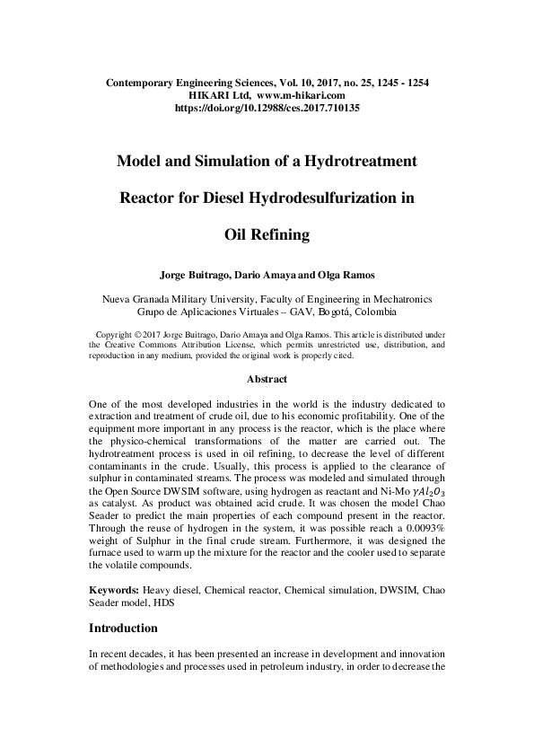 (PDF) Model and simulation of a hydrotreatment reactor for diesel ...