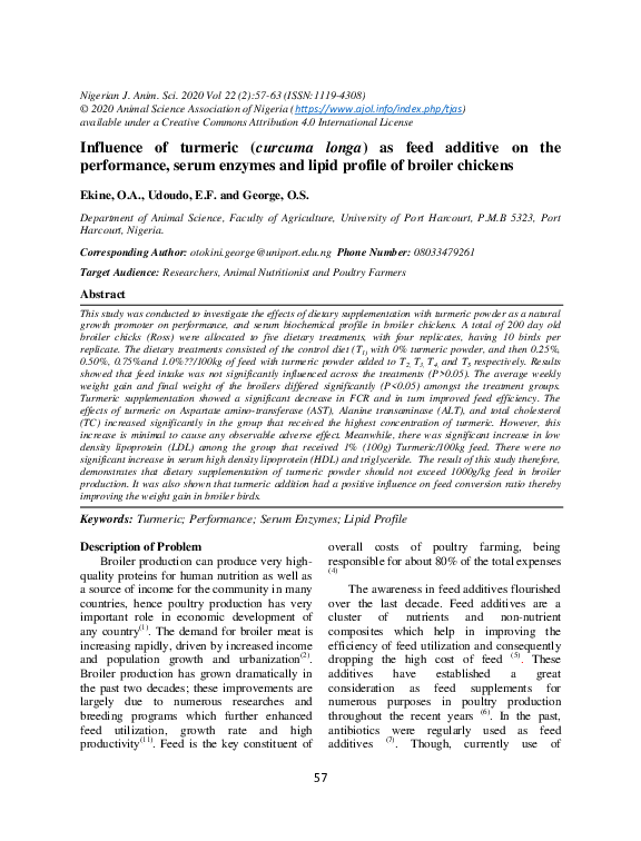 (PDF) Influence of turmeric (curcuma longa) as feed additive on the performance, serum enzymes ...