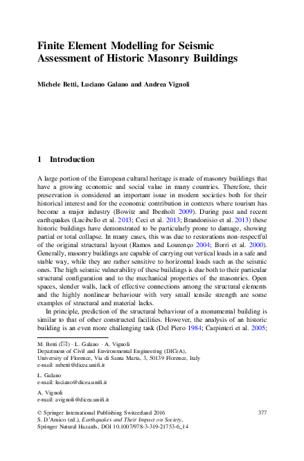 (PDF) Finite Element Modelling for Seismic Assessment of Historic Masonry Buildings