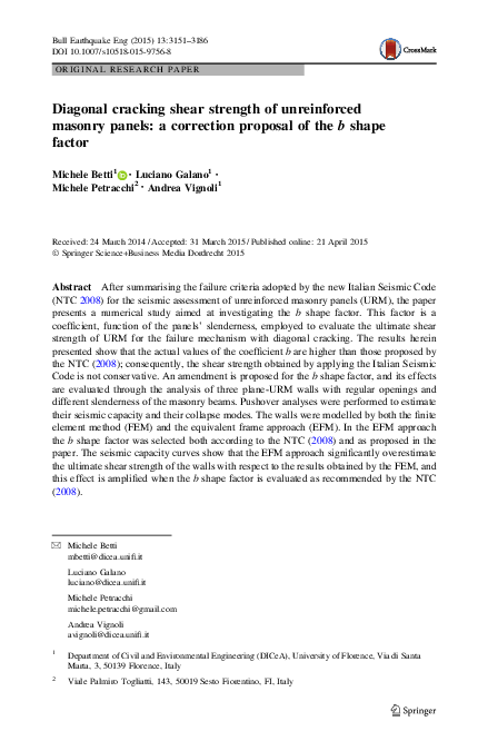 (PDF) Diagonal cracking shear strength of unreinforced masonry panels ...