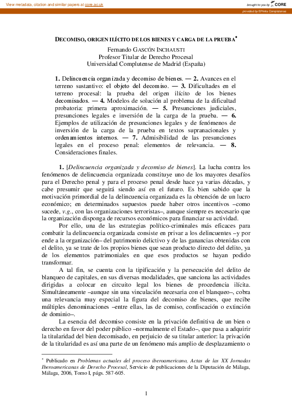 (PDF) Decomiso, origen ilícito de los bienes y carga de la prueba