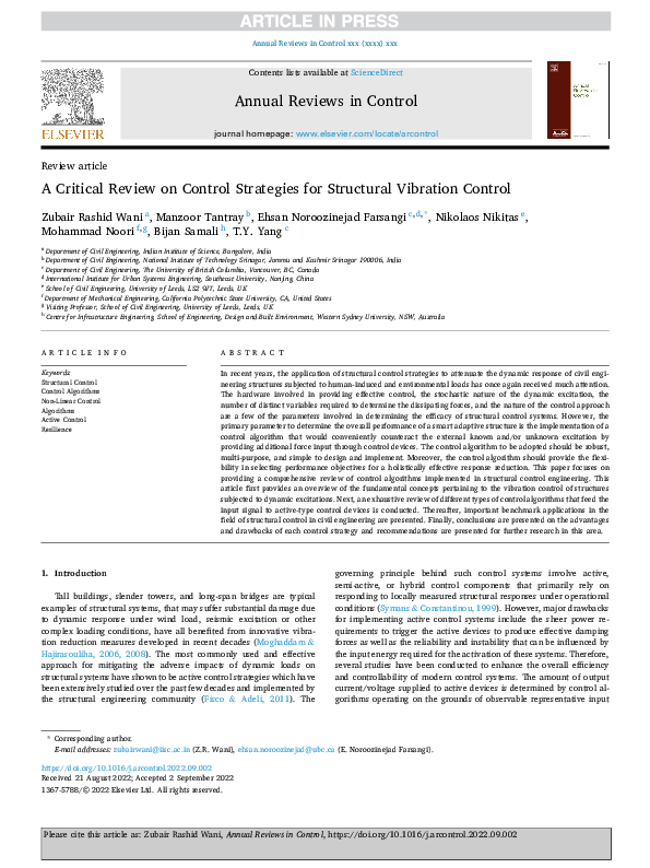 (PDF) A Critical Review on Control Strategies for Structural Vibration Control