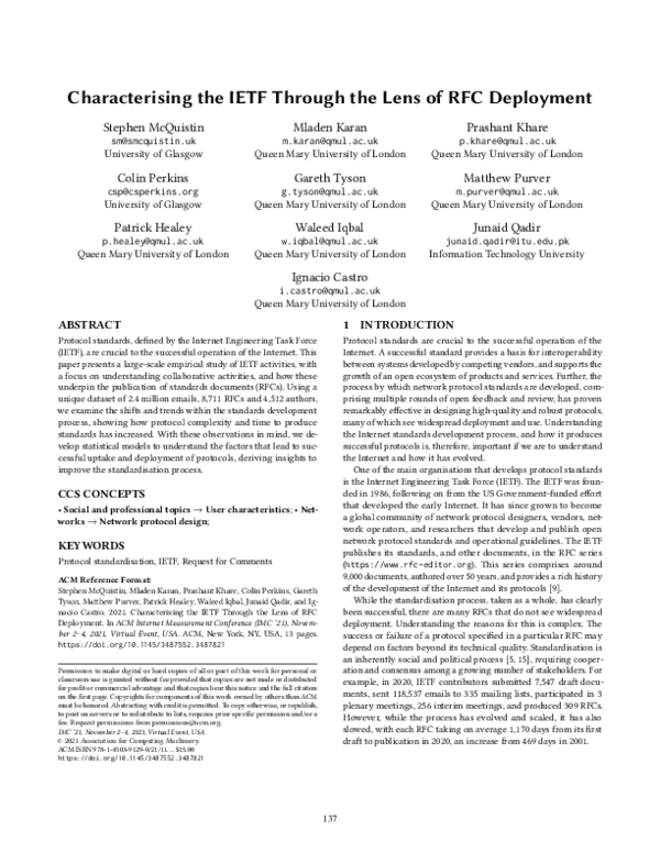 (PDF) Characterising the IETF through the lens of RFC deployment