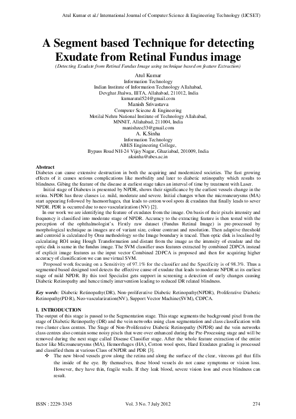 Pdf A Segment Based Technique For Detecting Exudate From Retinal Fundus Image