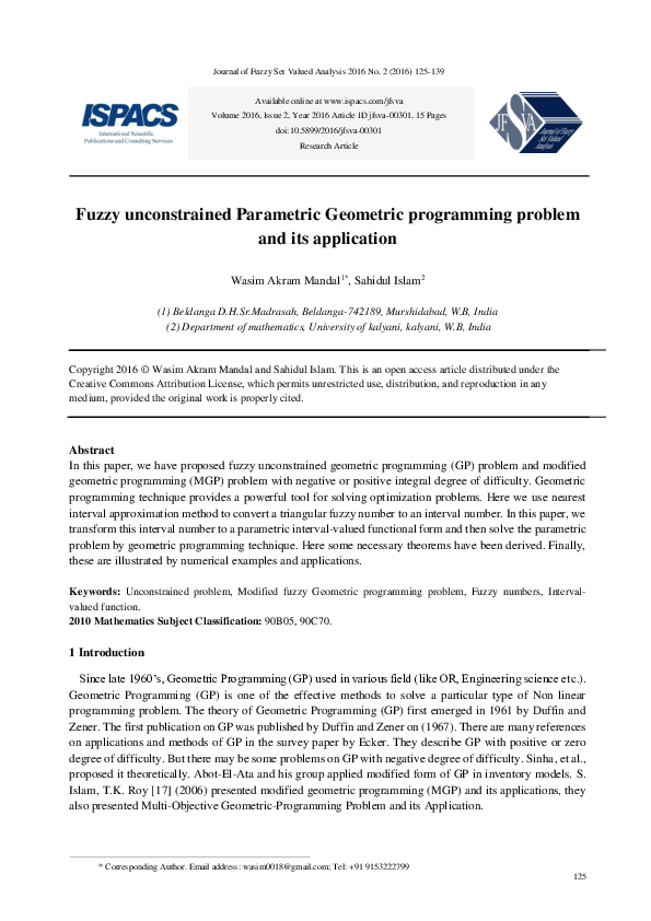 (PDF) Fuzzy unconstrained Parametric Geometric programming problem and its application