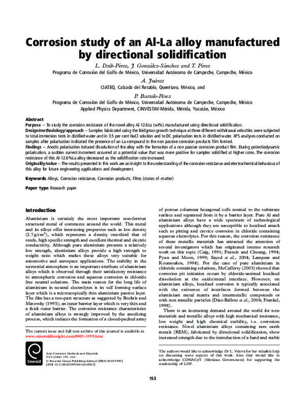 (PDF) Corrosion study of an Al‐La alloy manufactured by directional solidification
