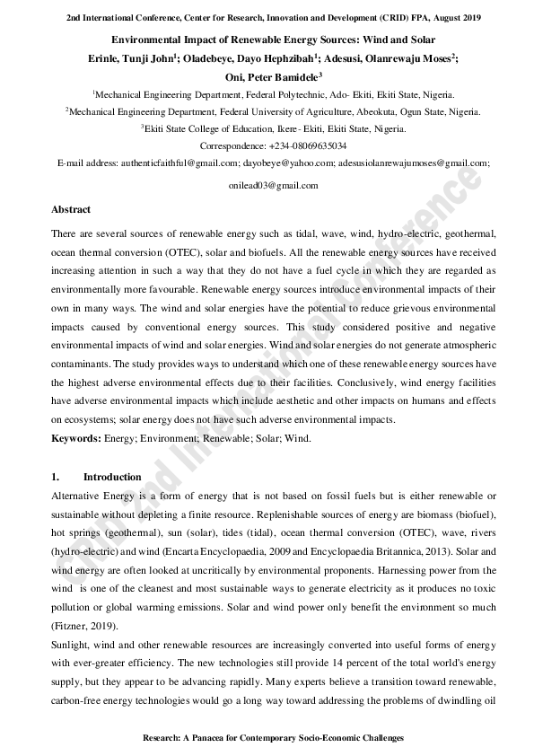 (PDF) Environmental Impact of Renewable Energy Sources: Wind and Solar