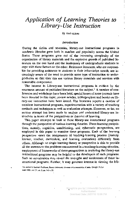(PDF) Application of Learning Theories to Library - Use Instruction