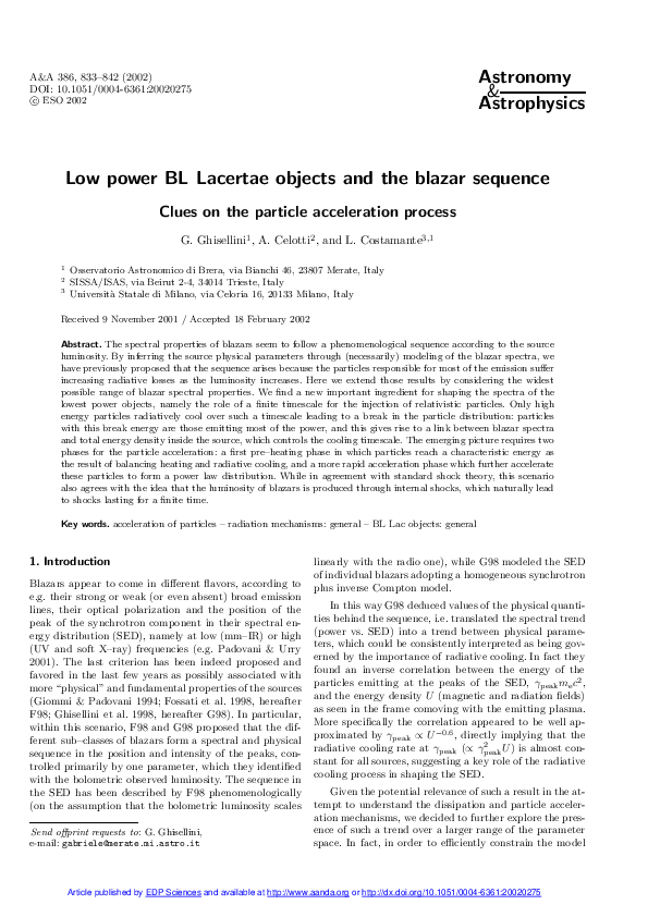 (PDF) Low power BL Lacertae objects and the blazar sequence