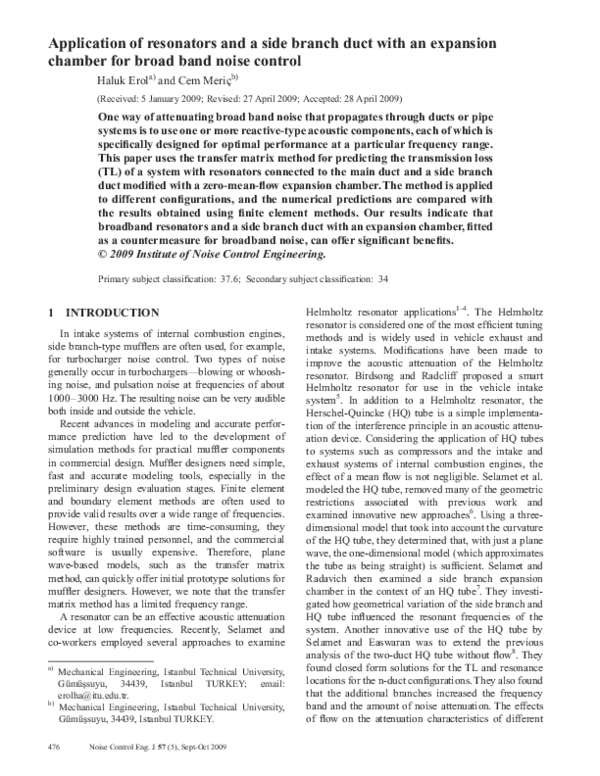 (PDF) Application of resonators and a side branch duct with an expansion chamber for broad band ...