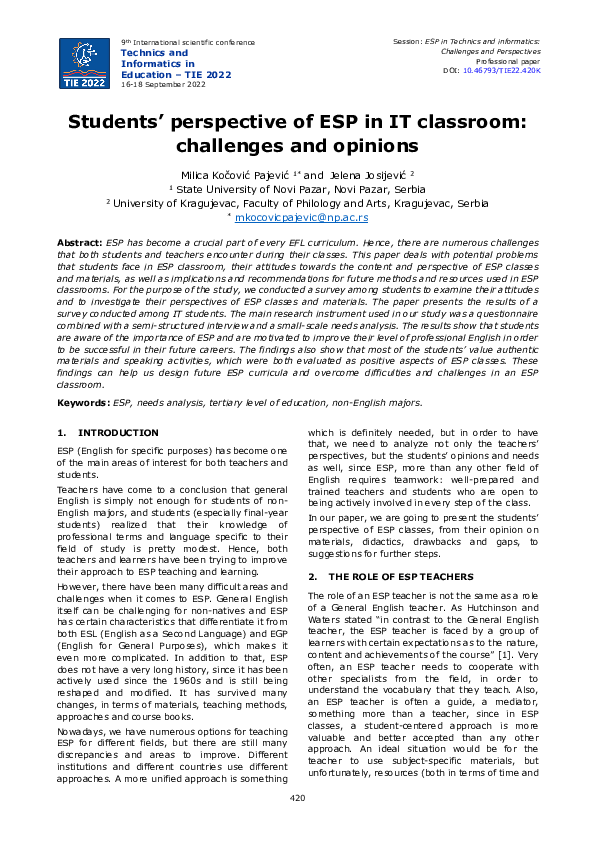 (PDF) Students' perspective of ESP in IT classroom: challenges and opinions