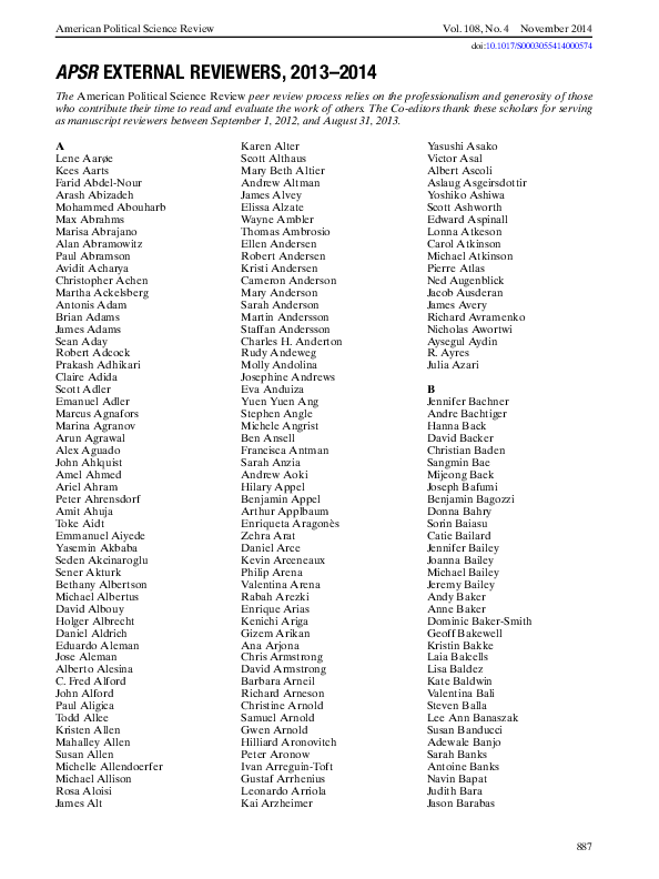 (PDF) Apsr External Reviewers, 2013–2014