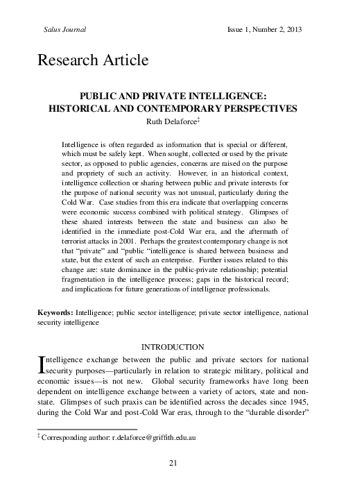(PDF) Public and private intelligence: Historical and contemporary perspectives
