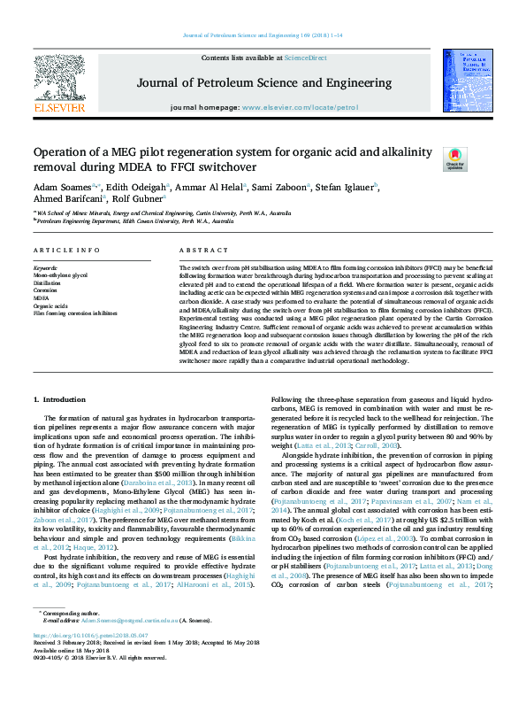(PDF) Operation of a MEG pilot regeneration system for organic acid and ...