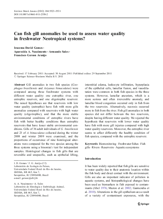 (PDF) Can fish gill anomalies be used to assess water quality in ...