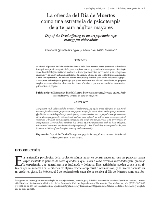 (PDF) La ofrenda del Día de Muertos como una estrategia de psicoterapia de arte para adultos mayores