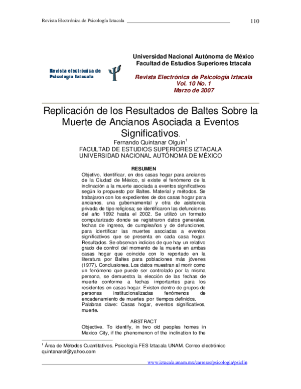 (PDF) Replicación de los Resultados de Baltes Sobre la Muerte de ...
