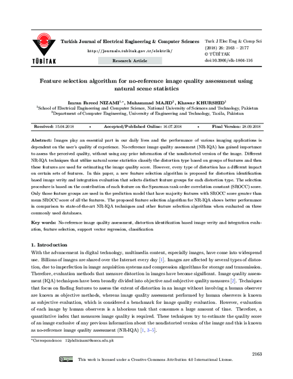Pdf Feature Selection Algorithm For No Reference Image Quality Assessment Using Natural Scene