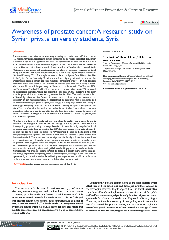 (PDF) Awareness of prostate cancer: A research study on Syrian private ...