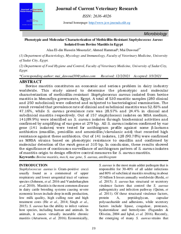 (PDF) Characterization of MRSA in Bovine Mastitis