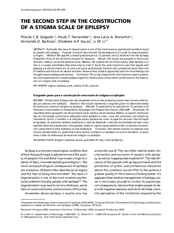 (PDF) The second step in the construction of a stigma scale of epilepsy