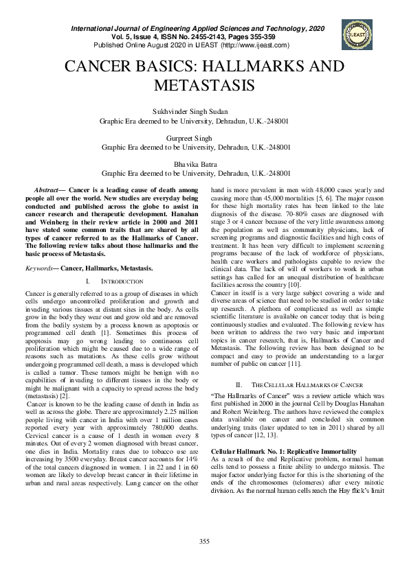 (PDF) Cancer Basics: Hallmarks and Metastasis