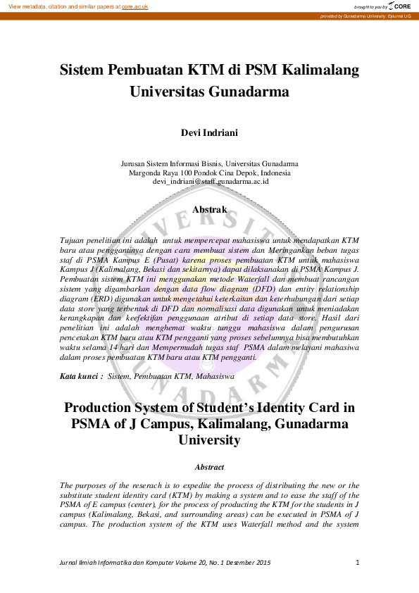 (PDF) Sistem Pembuatan KTM di PSM Kalimalang Universitas Gunadarma