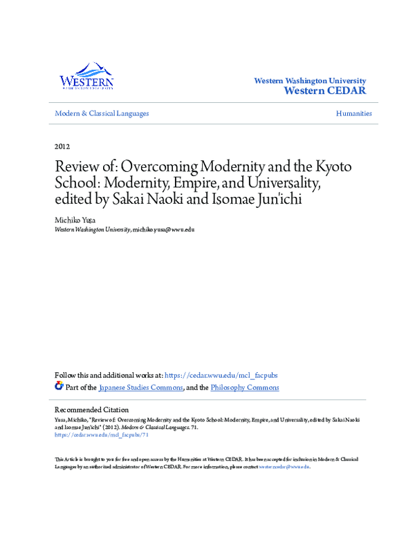 (PDF) Review of: Overcoming Modernity and the Kyoto School: Modernity ...