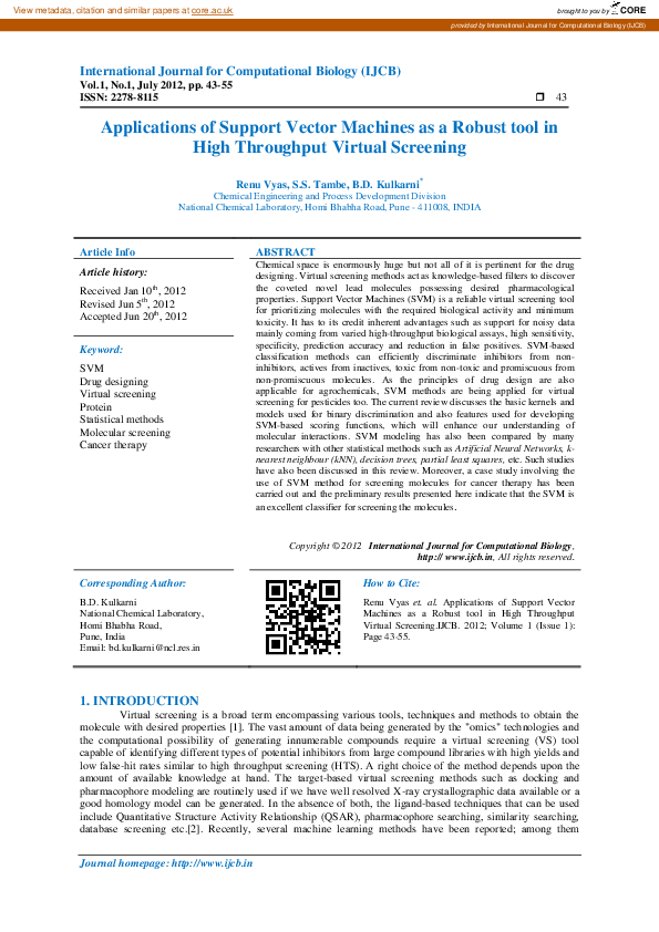(PDF) Applications of Support Vector Machines as a Robust Tool in High Throughput Virtual Screening