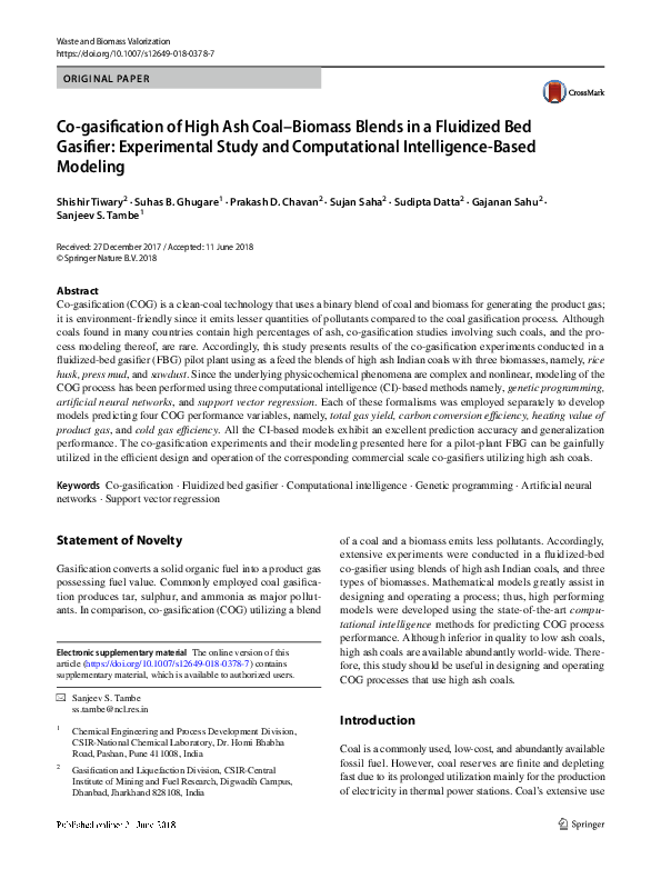 (PDF) Co-gasification of High Ash Coal–Biomass Blends in a Fluidized ...