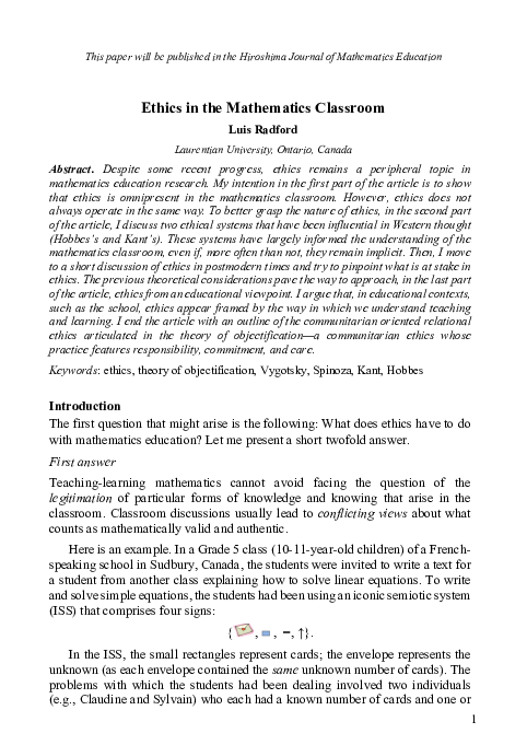 (PDF) Ethics in the Mathematics Classroom