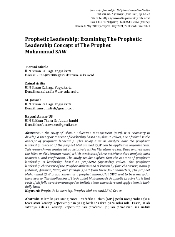 (PDF) Prophetic Leadership: Examining The Prophetic Leadership Concept ...