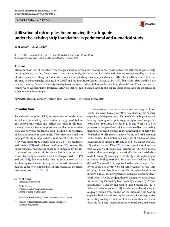 (PDF) Utilization of micro-piles for improving the sub-grade under the existing strip foundation ...
