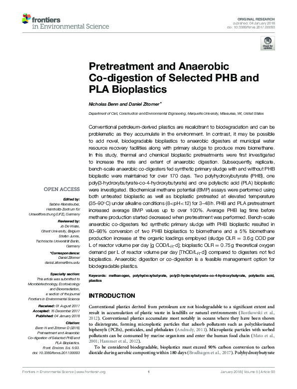 (PDF) Pretreatment and Anaerobic Co-digestion of Selected PHB and PLA ...