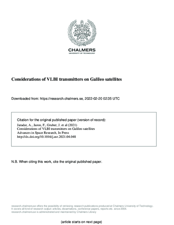 (PDF) Considerations of VLBI transmitters on Galileo satellites