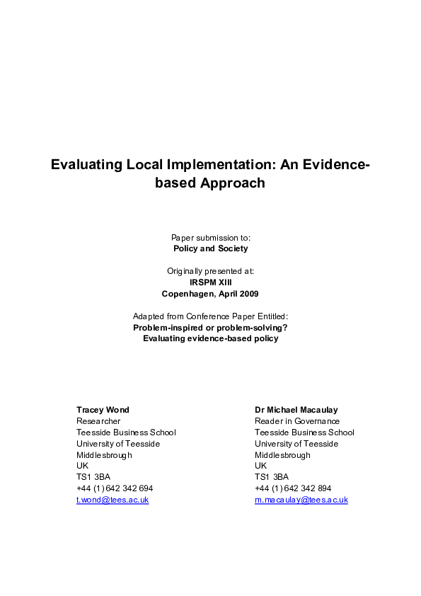 Pdf Evaluating Local Implementation An Evidence Based Approach